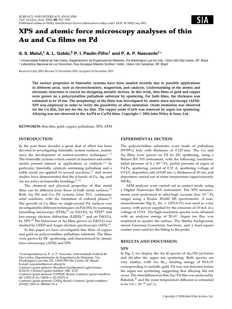 Surface Interface Analysis - 2004 - Maluf - XPS and Atomic Force Microscopy Analyses of Thin Au ...