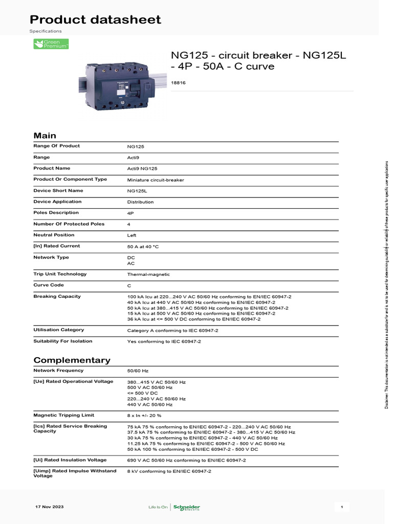 Acti9 NG125L Circuit Breaker Specs | PDF | Electric Power | Electronics