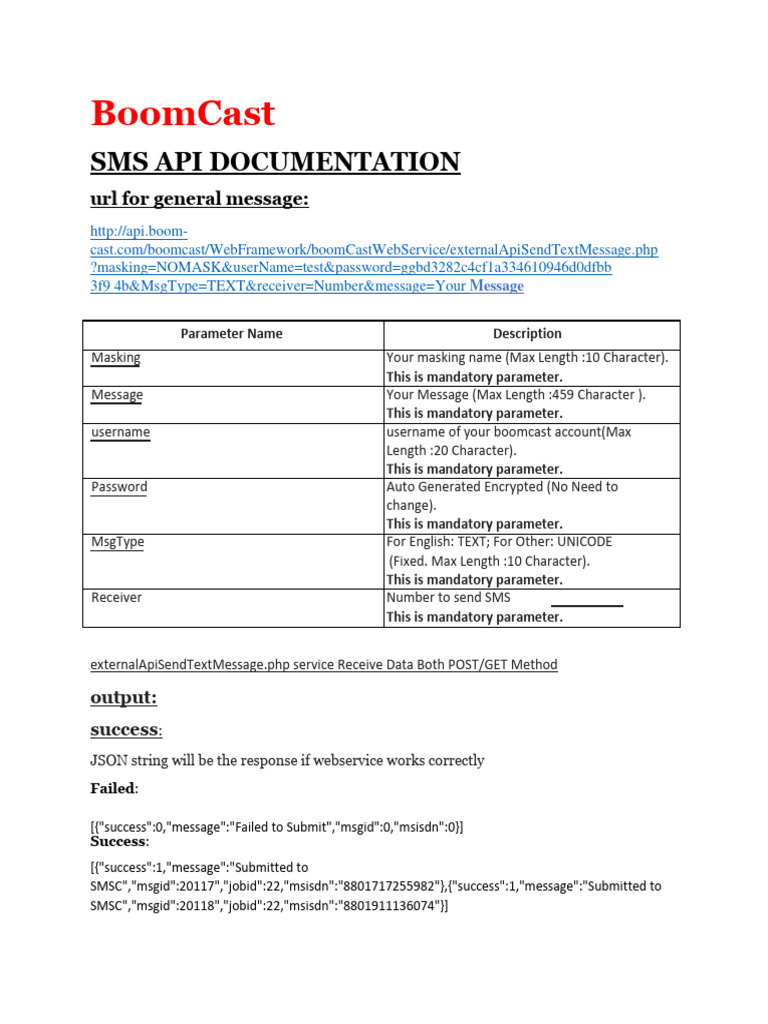 BoomCast SMS API Documentation | PDF | Computers