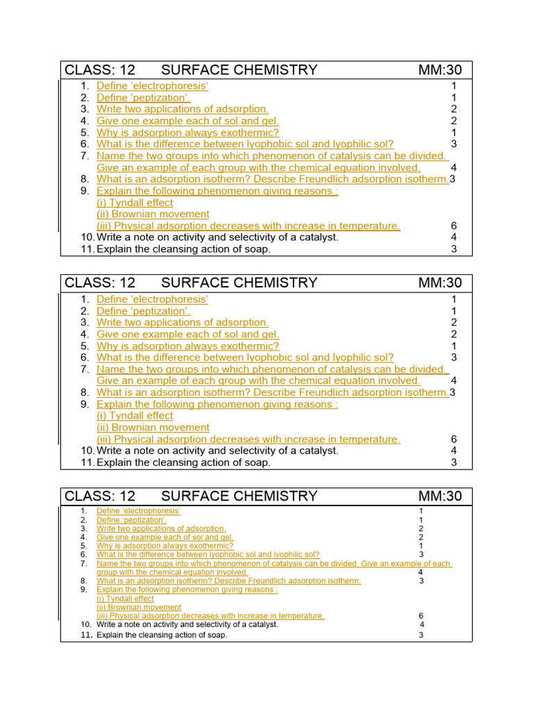 Surface Chemistry Concepts for Class 12 | PDF | Adsorption | Catalysis