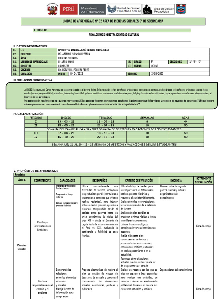 Unidad de Aprendizaje #02-5°-Ccss - 2023 | PDF