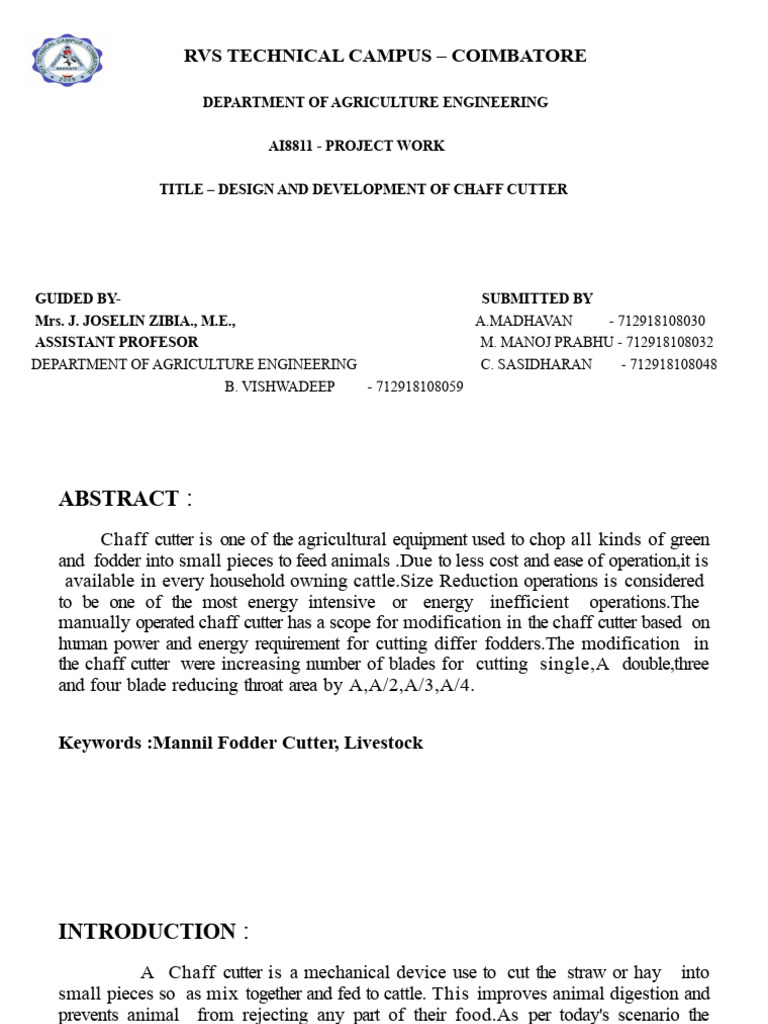 Design and Developement of Chaff Cutter | PDF | Electrical Connector