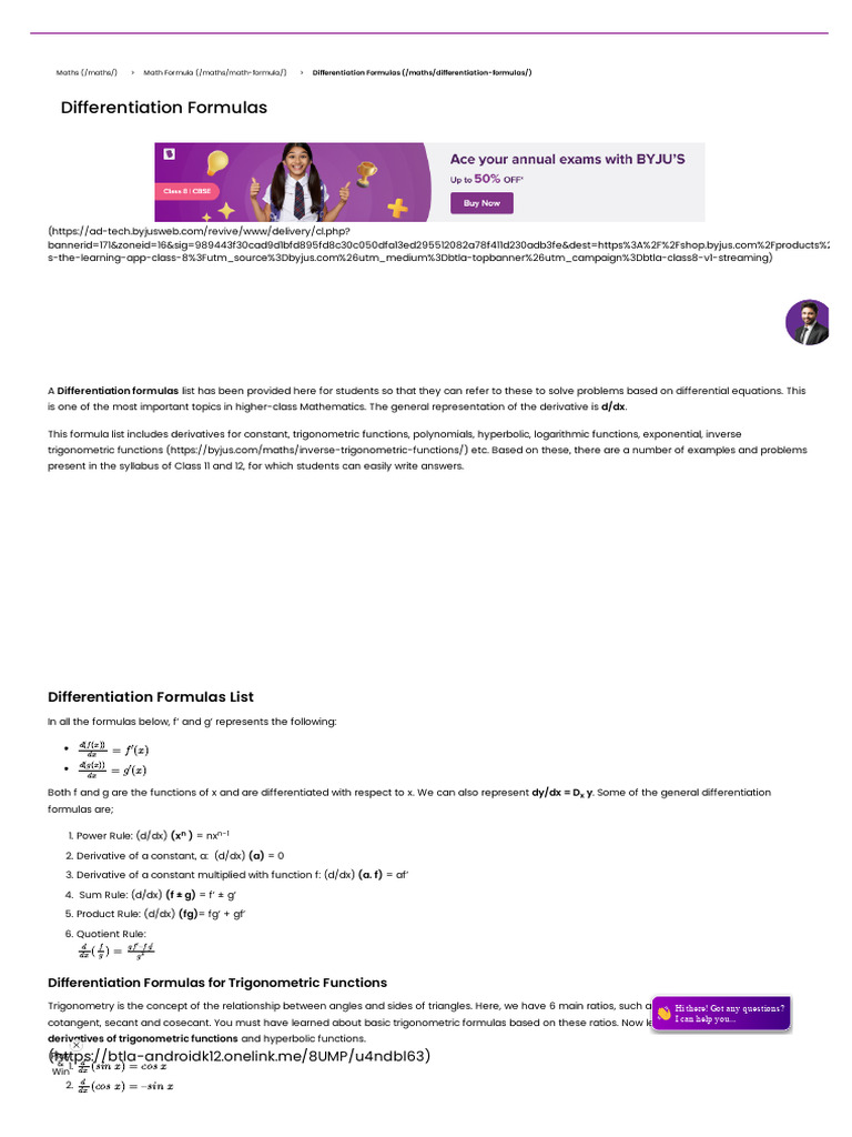 Differentiation Formulas - Derivative Formulas List | PDF | Trigonometric Functions | Elementary ...