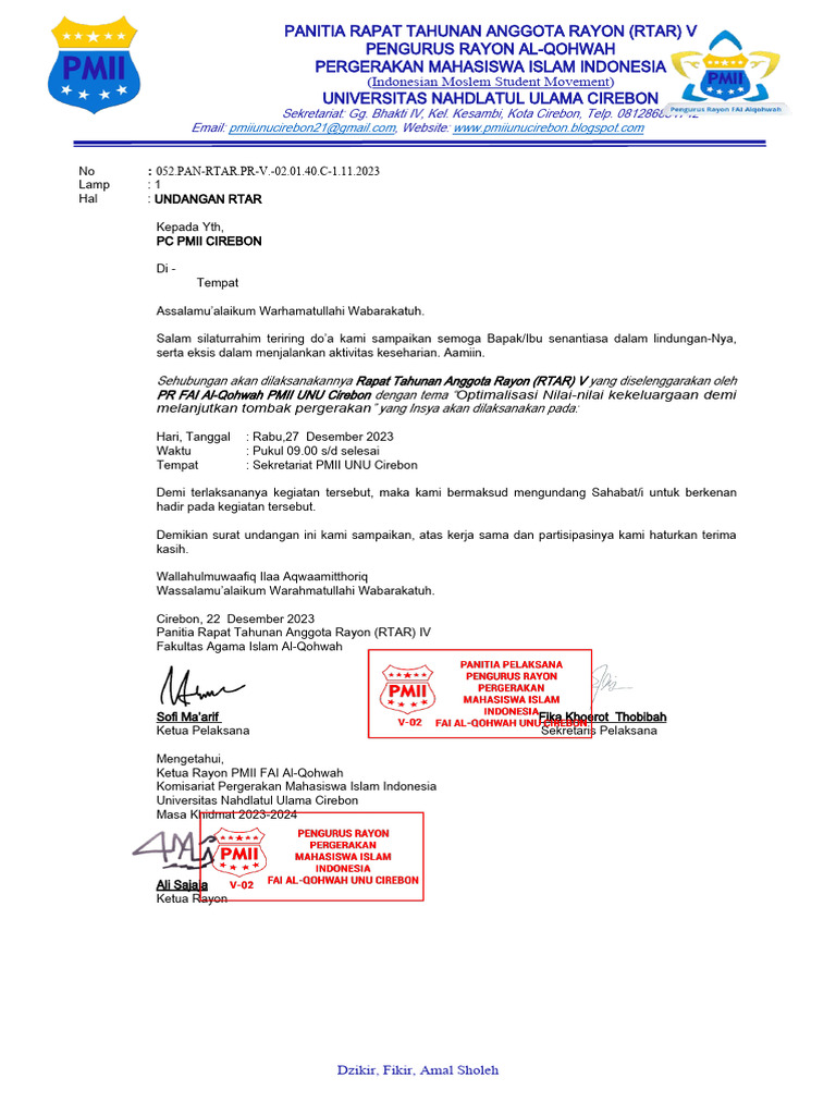 Undangan RTAR V Al-Qohwah PMII | PDF | Agama & Spiritualitas