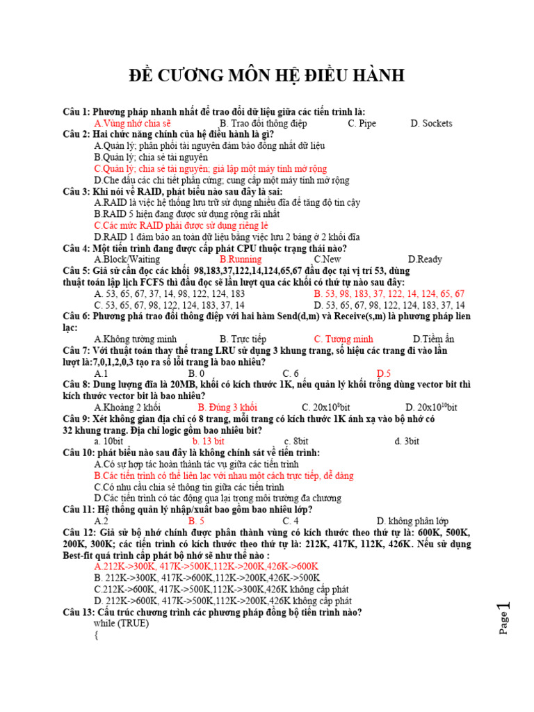 De Cuong Trac Nghiem He Dieu Hanh Co Dap An | PDF