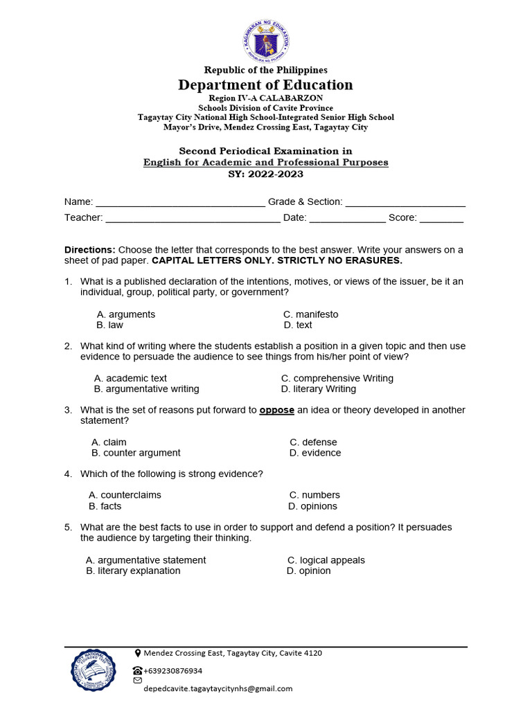 EAPP Q2 EXAM Final | PDF | Questionnaire | Argument