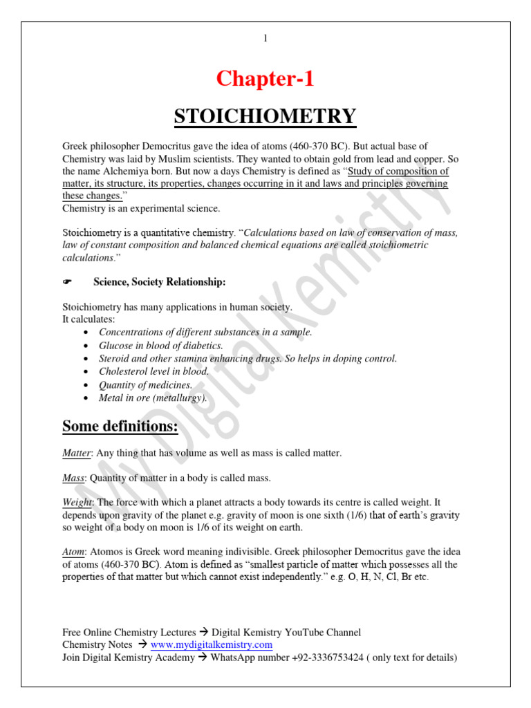 Class 11 Chemistry Chapter Stoichiometry Notes 1 | PDF