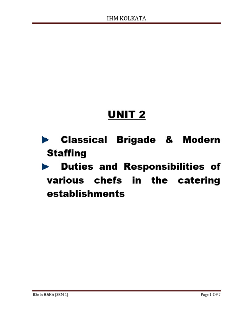 1332 Unit 2 Classical Brigade | PDF | Chef | Food And Drink Preparation