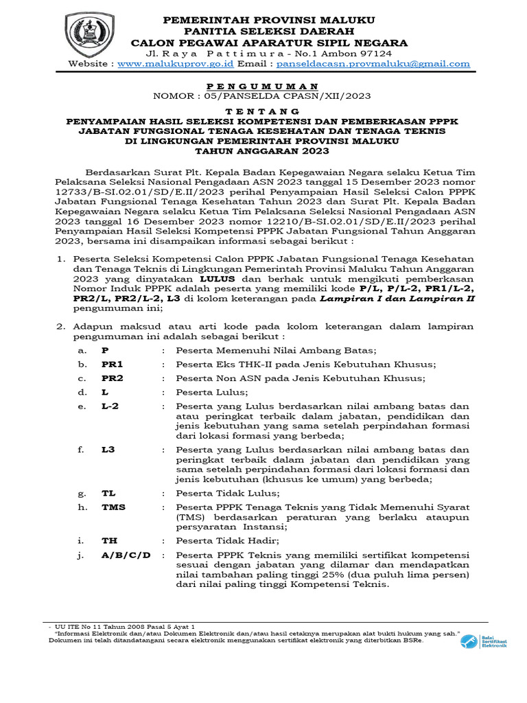 1 Pengumuman Penyampaian Hasil Seleksi Kompetensi Dan Pemberkasan PPPK Teknis Dan Nakes Tte Sign ...