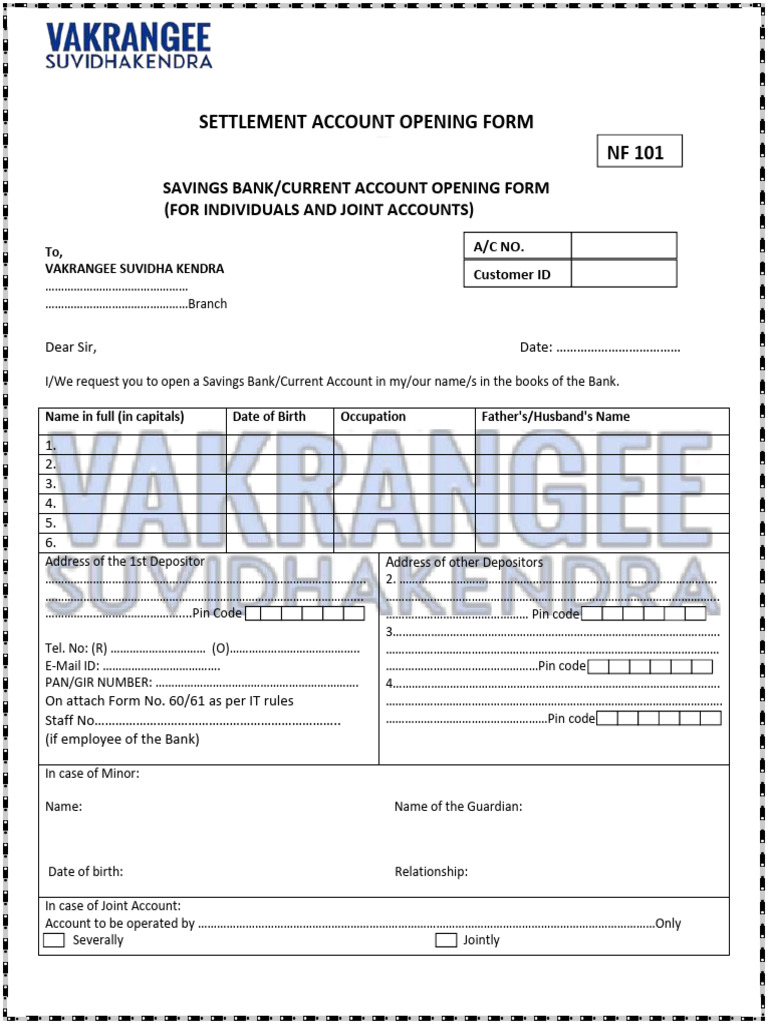 Settlement Account Opening Form | PDF | Credit Card | Banks