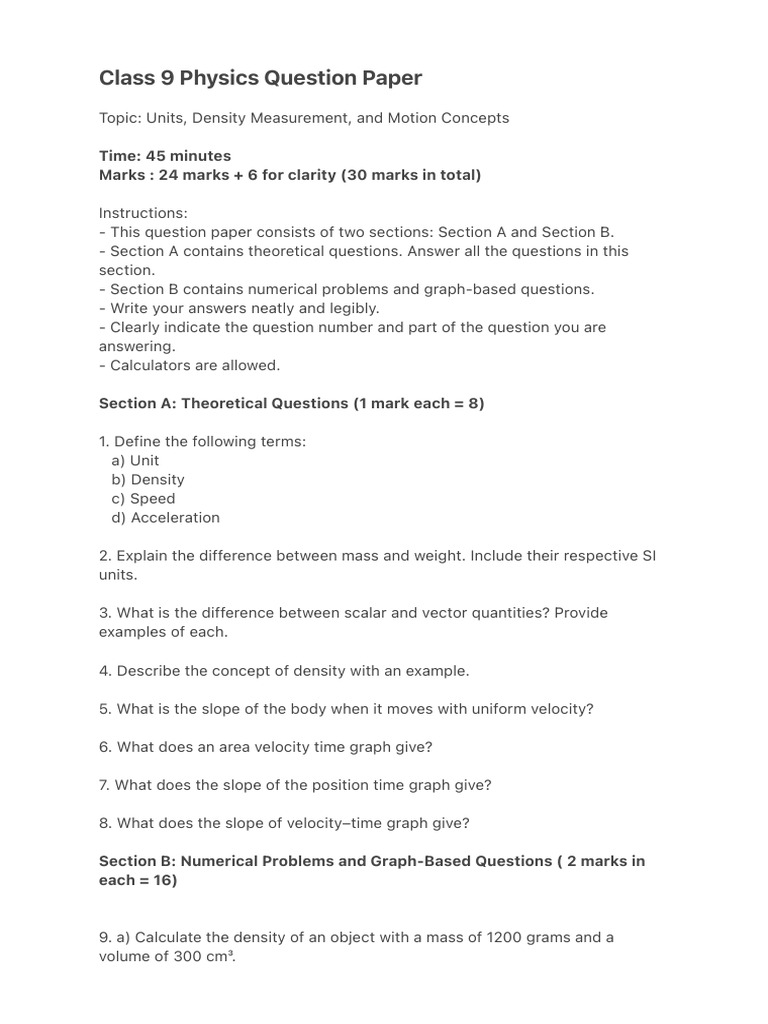 Class 9 Physics Question Paper | PDF