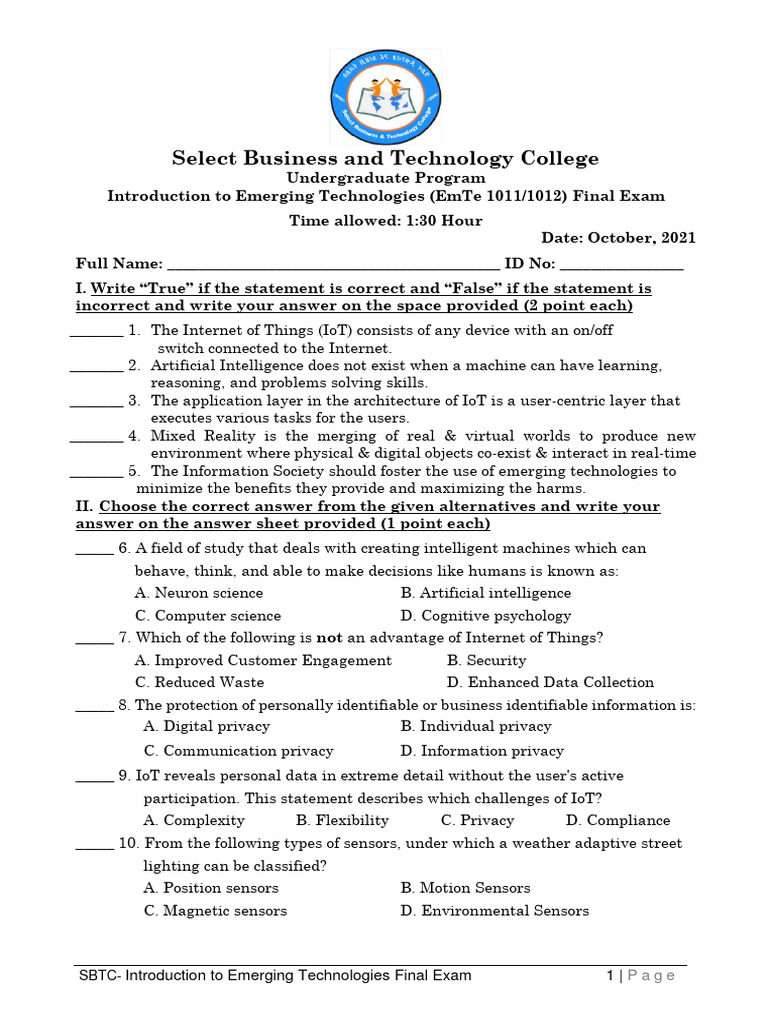 Introduction To Emerging Technologies Final Exam Sami With John | PDF | Internet Of Things ...