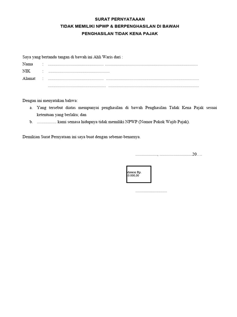Pernyataan Non NPWP & Dibawah PTKP | PDF