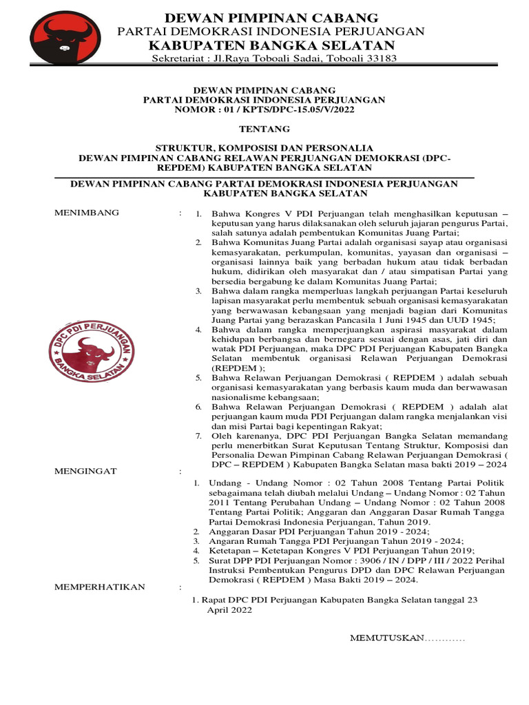 Surat Ketetapan DPC Repdem Kab. Bangka Selatan | PDF