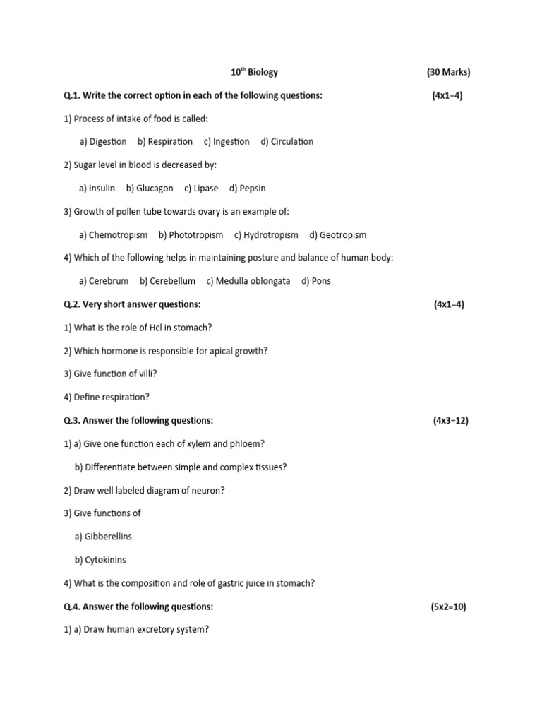 10th Biology Question Paper (30 Marks) | PDF | Wellness | Science ...