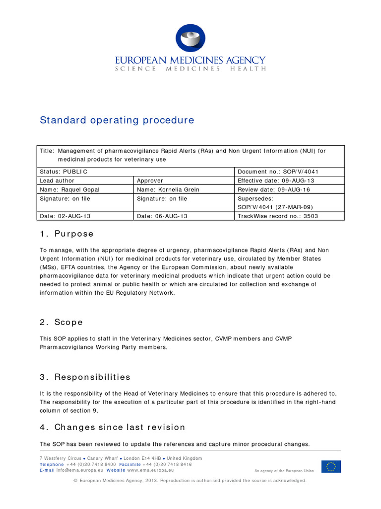 Pharmacovigilance SOP for Veterinary Alerts | PDF