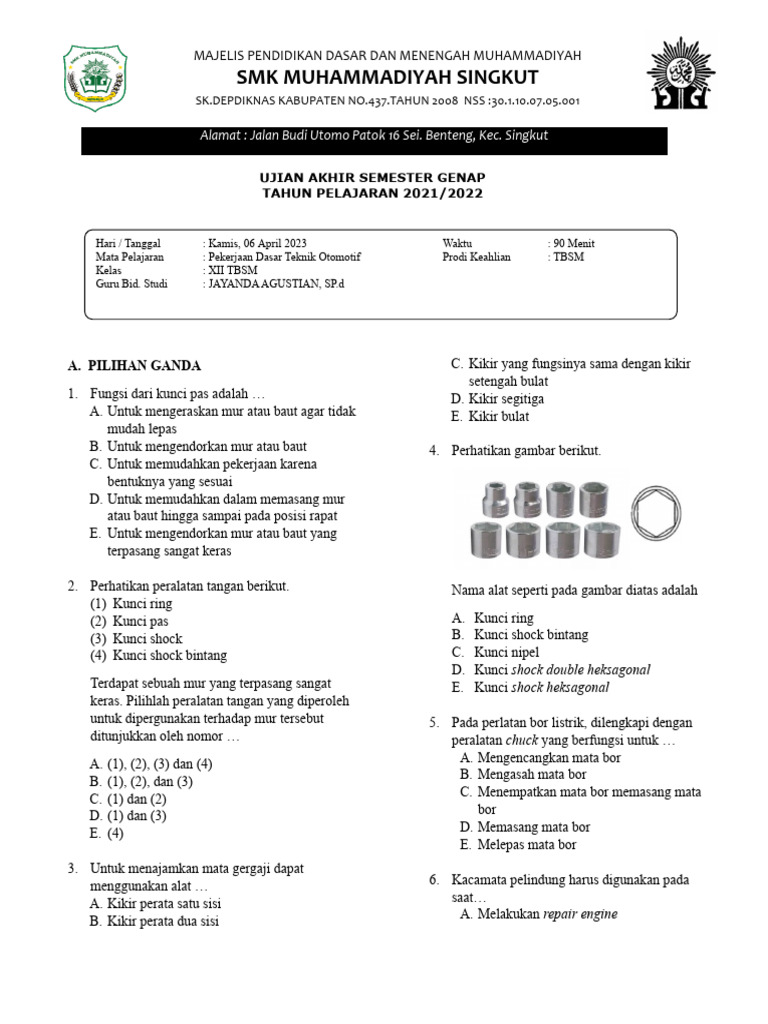 Soal Pdto Kelas X TBSM Semseter Genap 2021-2022 | PDF | Teknologi & Rekayasa
