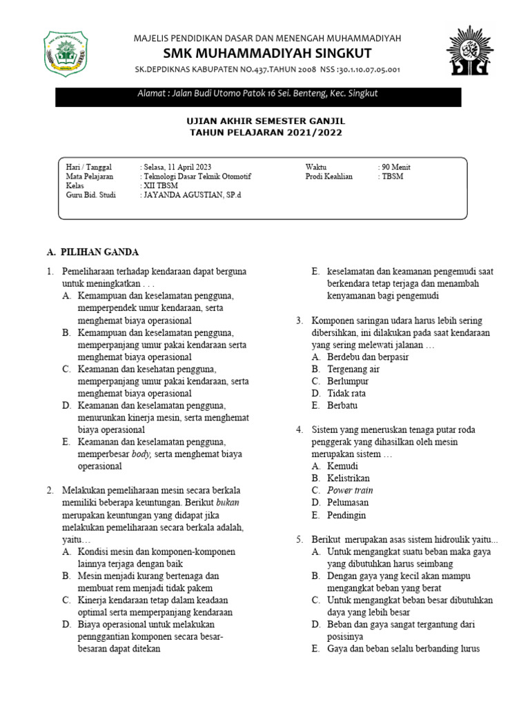 Soal Tdto X TBSM SMK Muhammadiyah 2022 | PDF