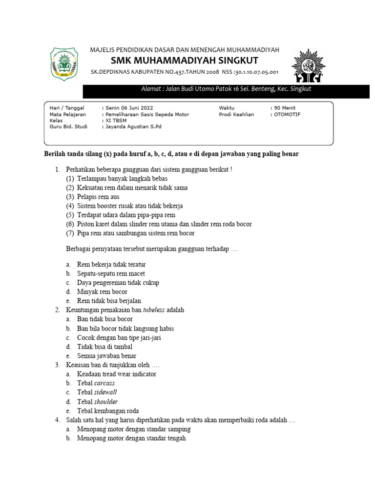Soal Pemeliharaan Sasis Sepeda Motor Kelas Xi | PDF | Griya & Taman