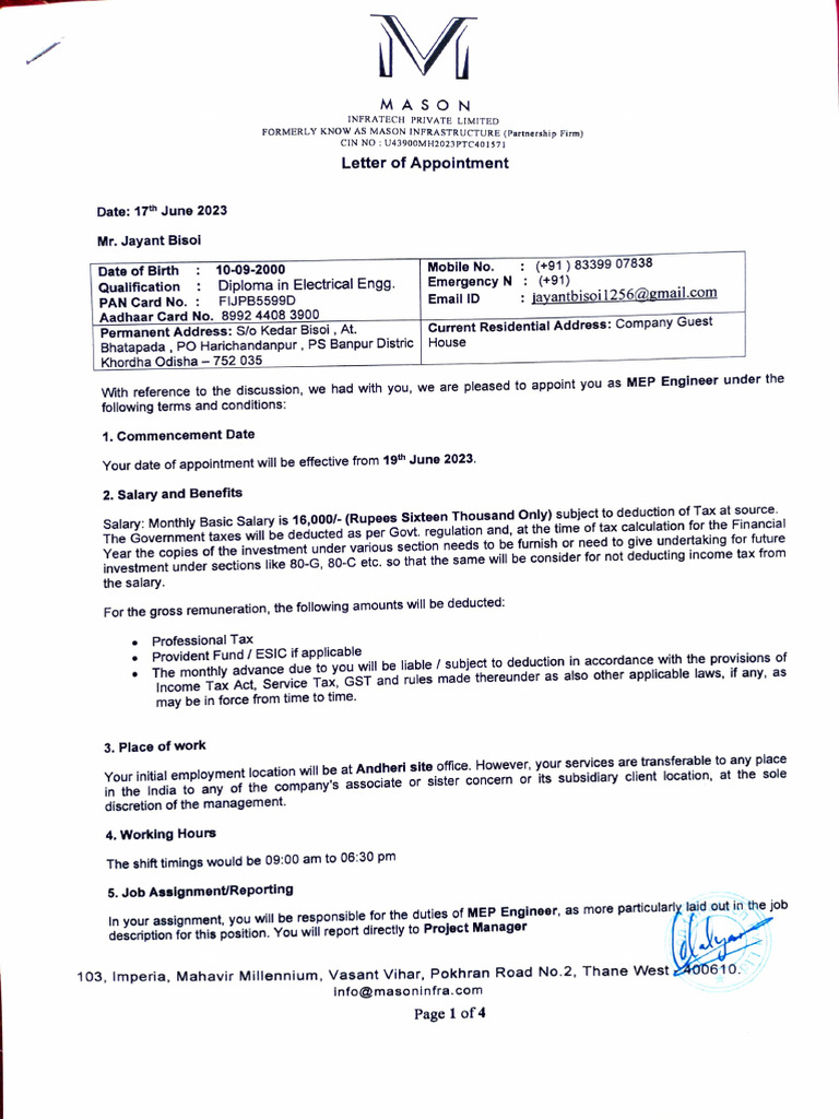 Jayant Joining Letter | PDF | Trade Secret | Employment