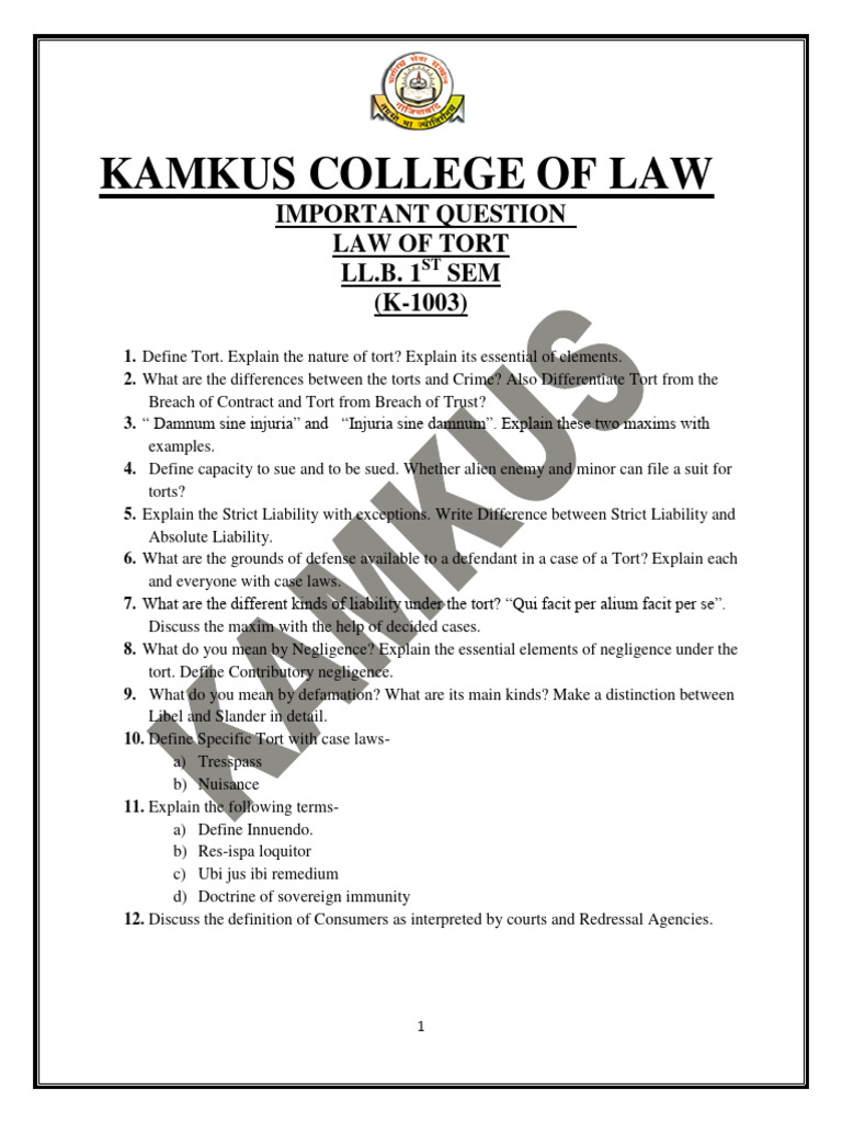 Important Questions on Tort Law | PDF | Law