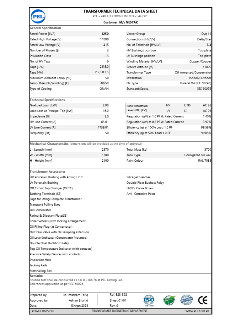 1250 11 0.415 Dyn11 - 50C (NESPAK) | PDF | Transformer | Electrical ...