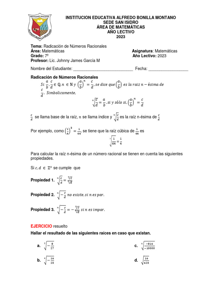 Radicación de Números Racionales | PDF | Raíz cuadrada | Álgebra