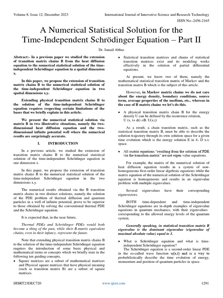 A Numerical Statistical Solution For The Time-Independent Schrödinger ...