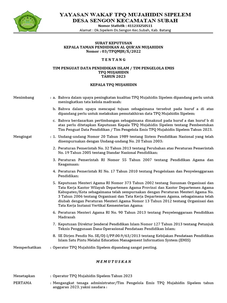 SK Tugas Operator TPQ Mujahidin | PDF