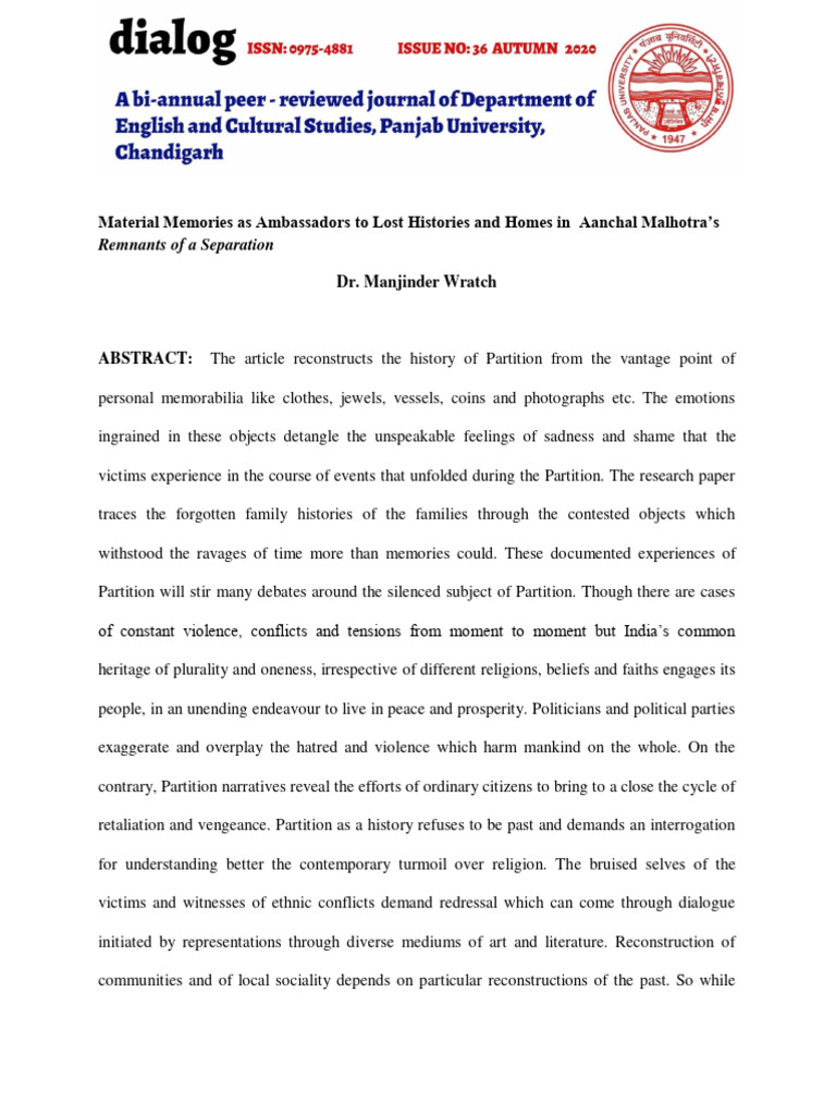 Dr. Manjinder Wratch Remnants of A Separation Edited | PDF | Partition ...