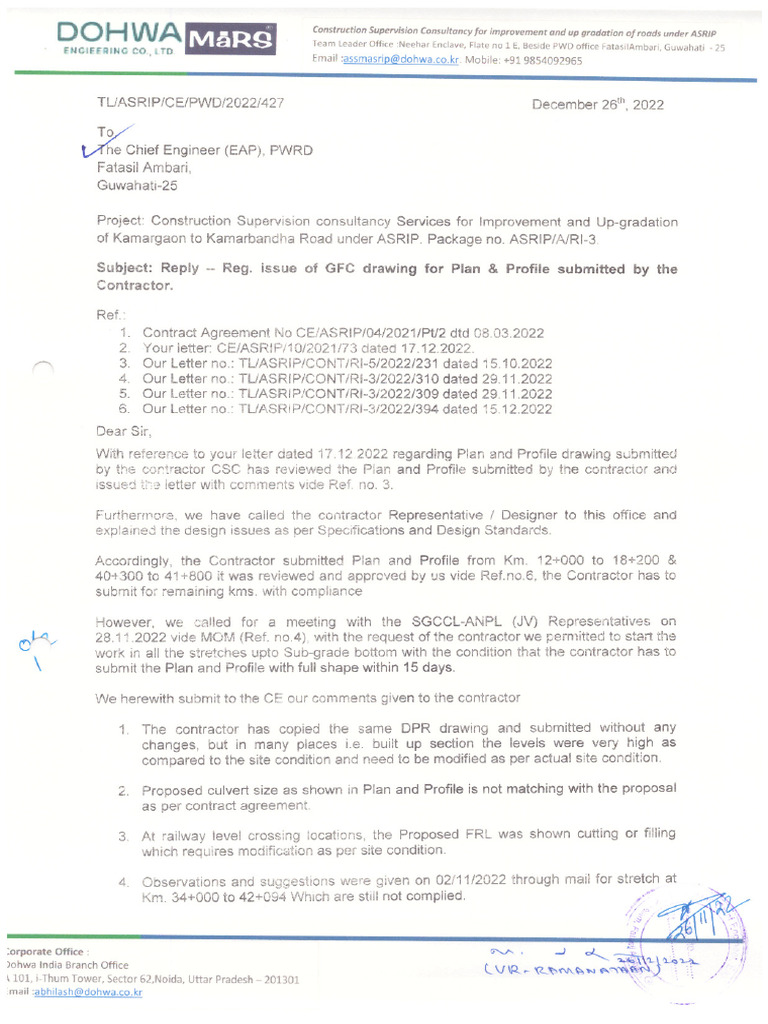 Issue of GFC Drawing For Plan and Profile Submitted by The Contractor ...