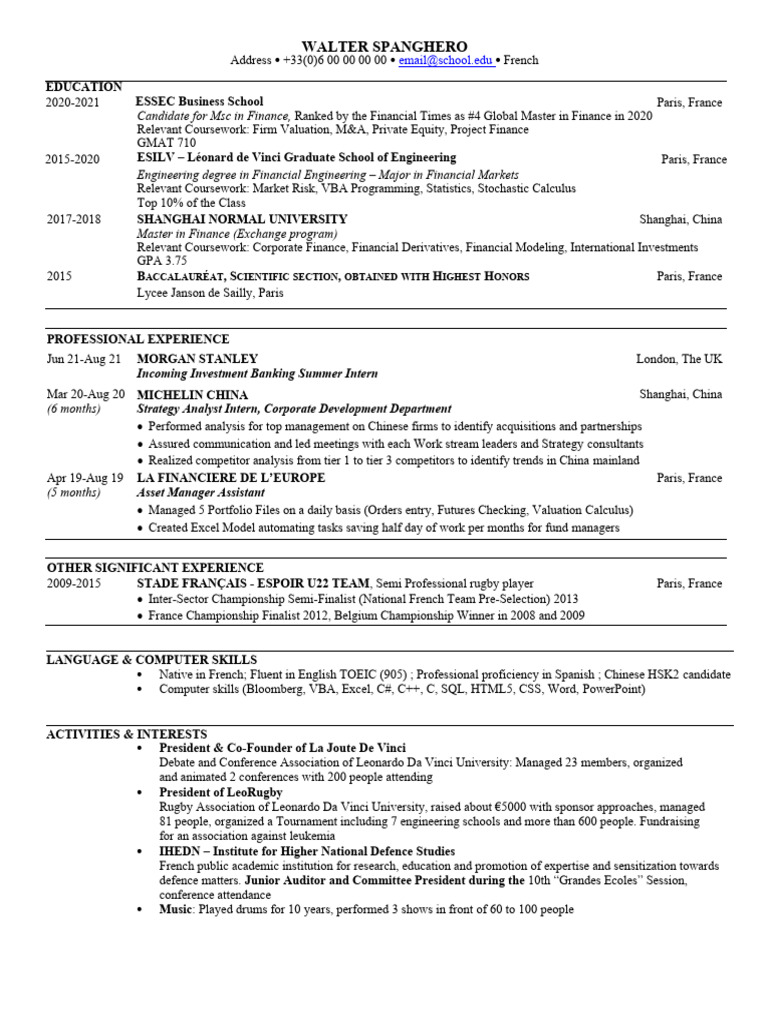 ESSEC MiF 2020-2021 - CV Template & Guidelines | PDF | Valuation (Finance) | Financial Analyst