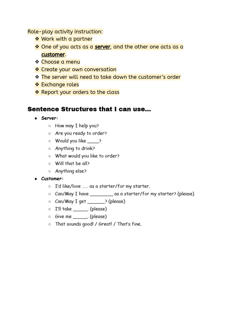 Ordering Food Role-Play 2 | PDF