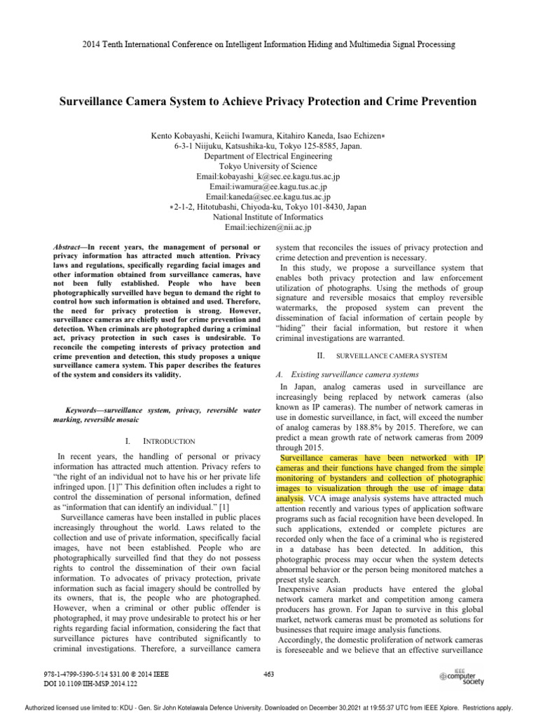 Surveillance Camera System To Achieve Privacy Protection and Crime Prevention | PDF ...