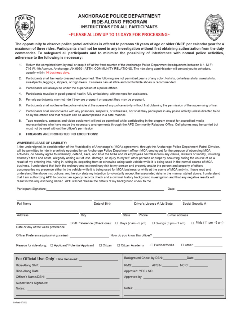 Ride Along Application Feb 2022 | PDF | Police | Background Check