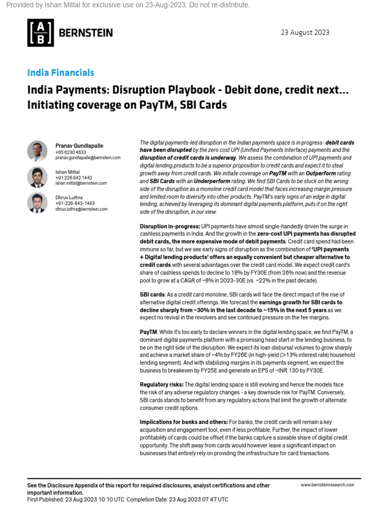 Bernstein India Payments Initiation Paytm SBI Cards 23 August 2023 | PDF