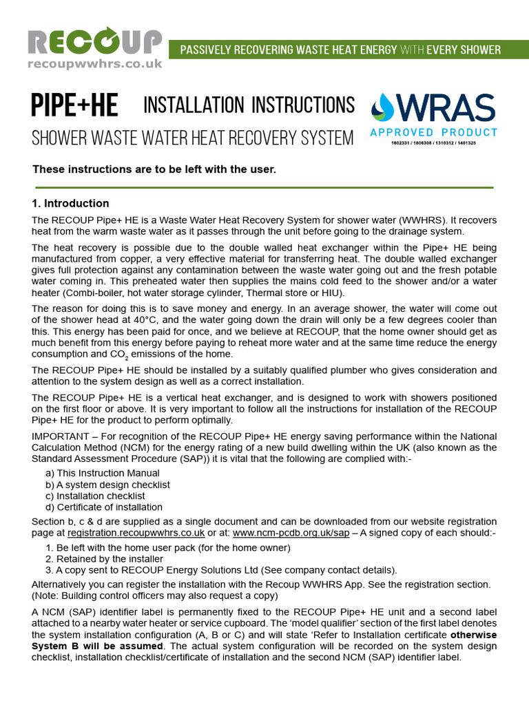 DHW WWHRS Pipe HE Installation | PDF | Water Heating | Water