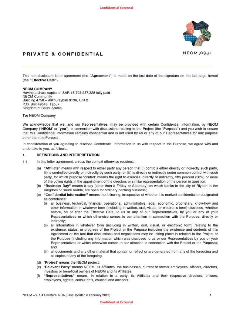 NEOM Unilateral NDA Template (February 2023) (149946) | Download Free ...