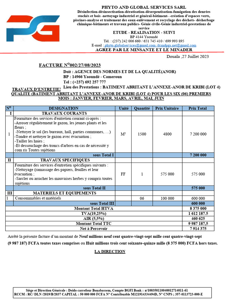 Facture de services d'entretien ANOR Kribi | PDF | Taxe sur la valeur ...