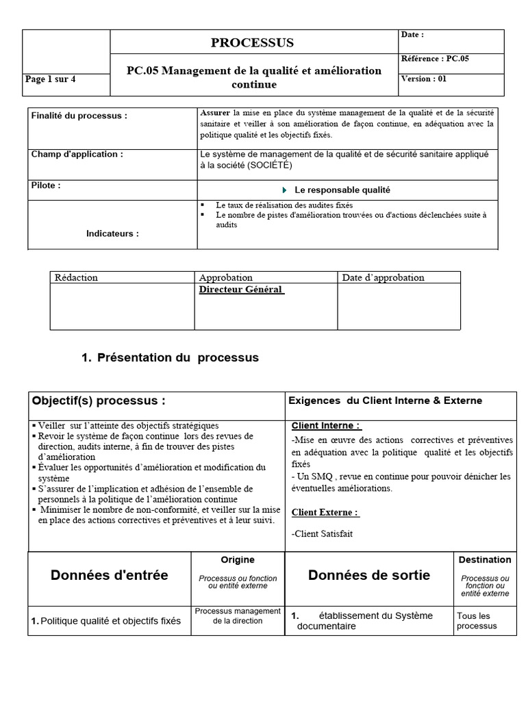 Fiche Processus Management de La Qualité Et Amélioration Continue | PDF | Management de la ...