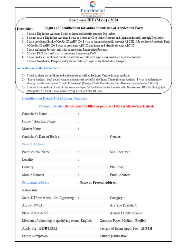 Jee Mains Application Form-2024 | PDF