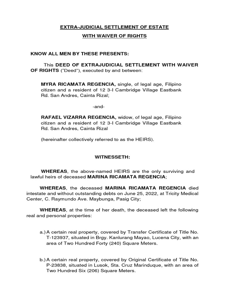 Extrajudicial Settlement Of Estate Template 2 Deed 7 Things You Need