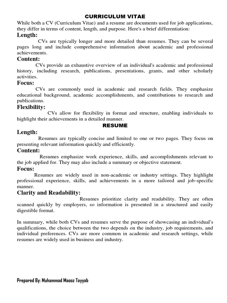 CV vs Resume: Key Differences Explained | PDF