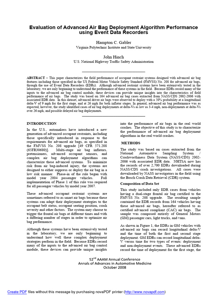 Evaluation of Advanced Air Bag Deployment Algorithm Performance 2008 ...