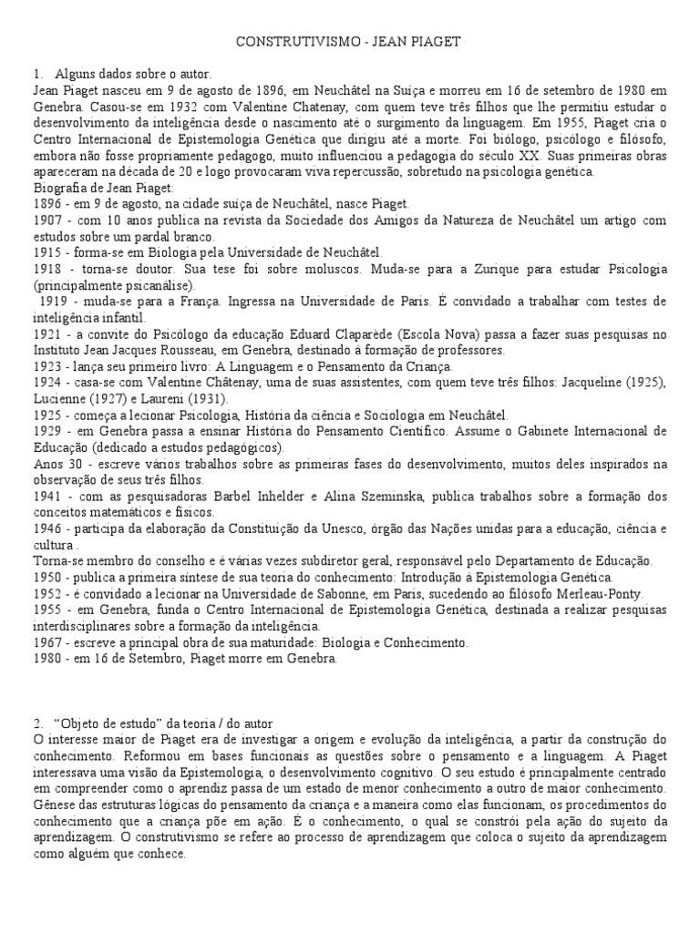 Construtivismo - Jean Piaget | PDF | Aprendizado | Conhecimento