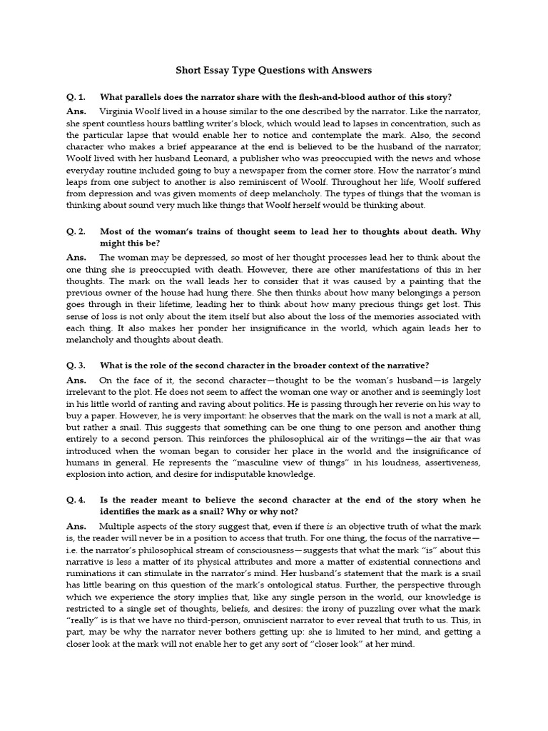 Mark On The WallShort Essay Type and Short Type Questions With Answers ...