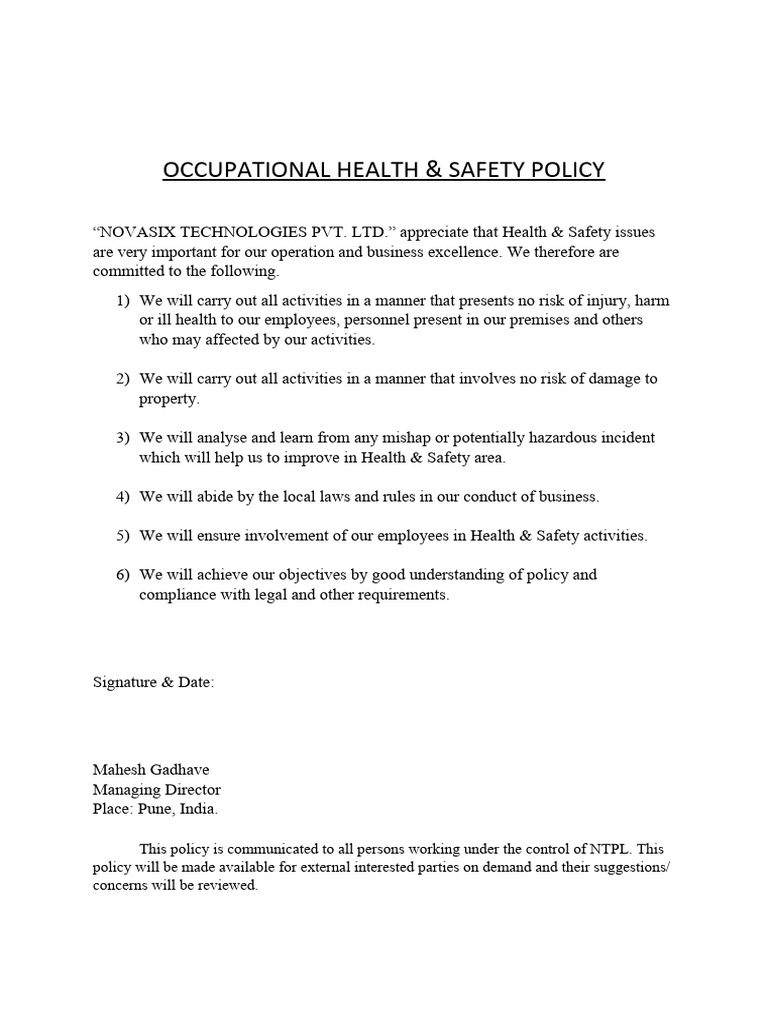 Occupational Health & Safety Policy | PDF | Business