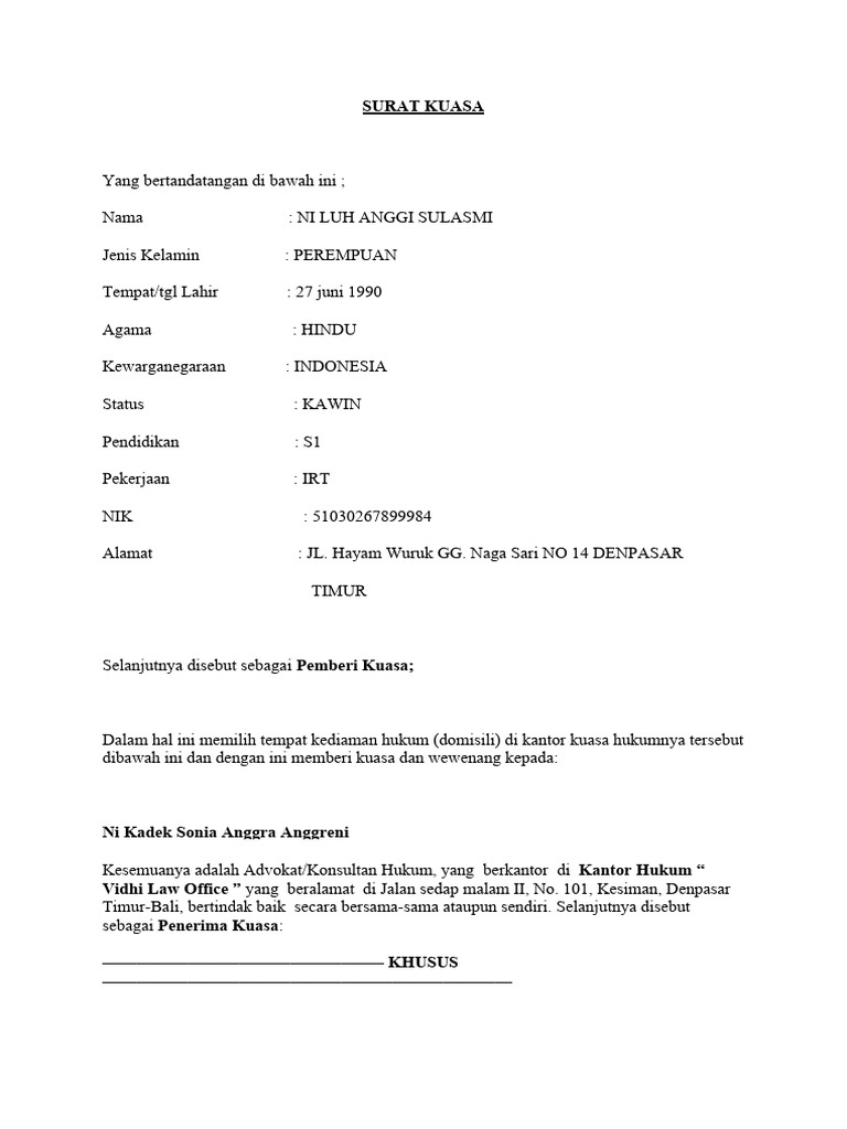 Surat Kuasa Khusus Perceraian Sonia 2 | PDF