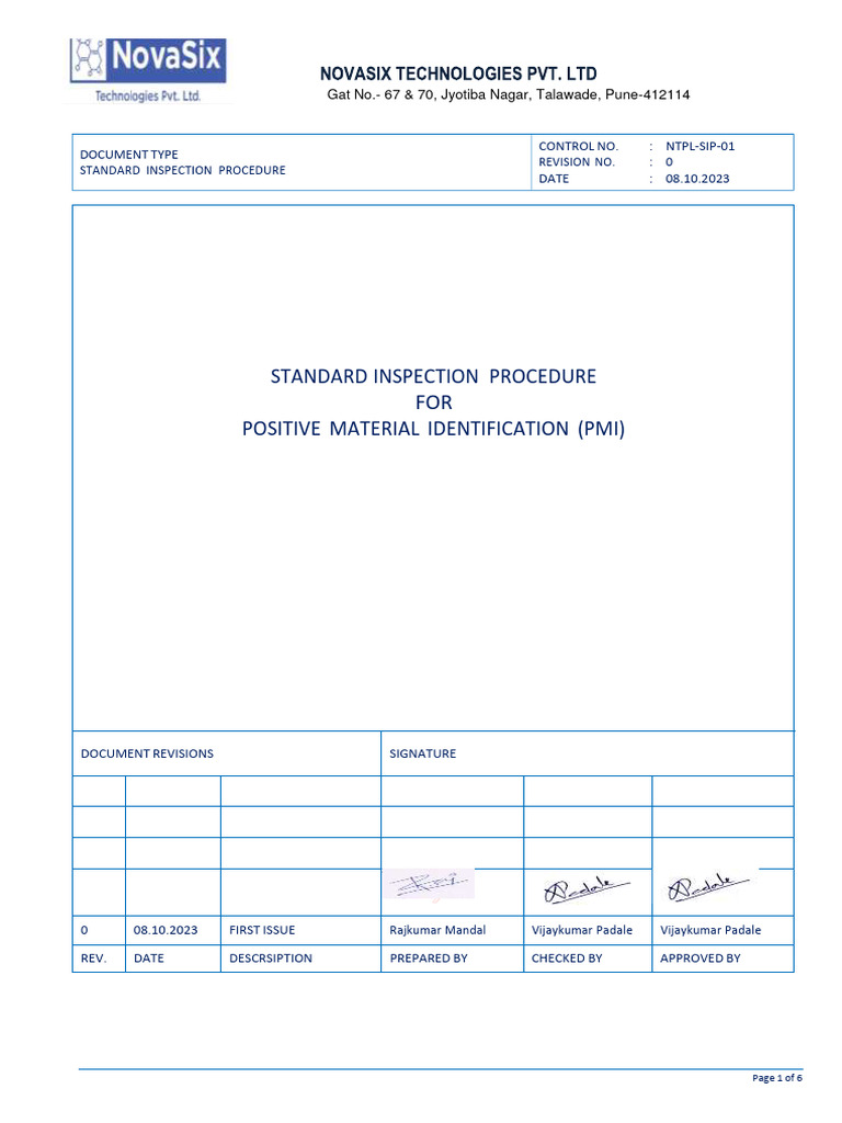 Standard Inspection Procedure For Positive Material Indentification ...
