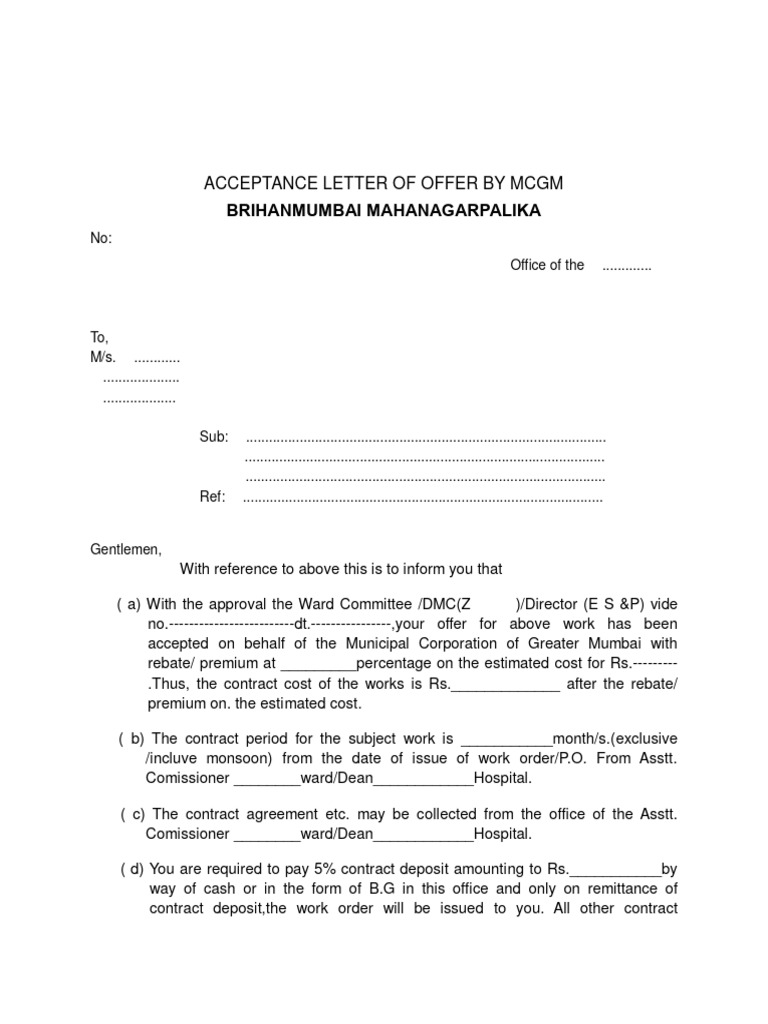Sample Letter of Acceptance of Offer by MCGM For E-Quotation and Unstar ...